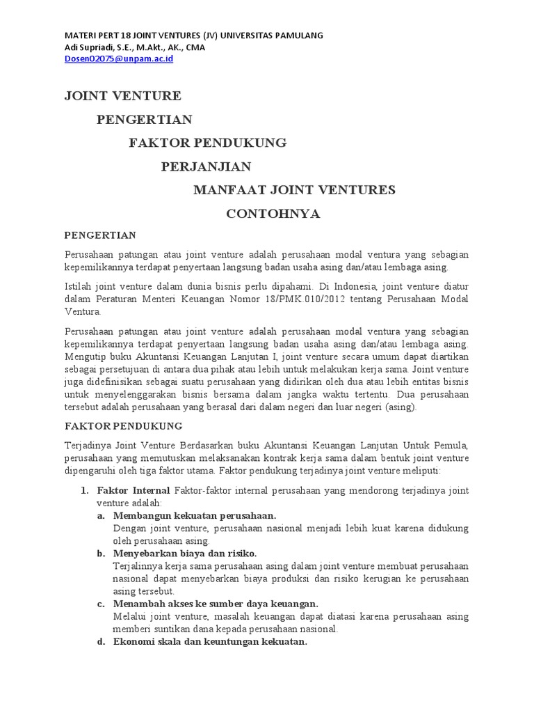 Pert 18 - Joint Venture | PDF | Bisnis | Pengelolaan Keuangan & Uang