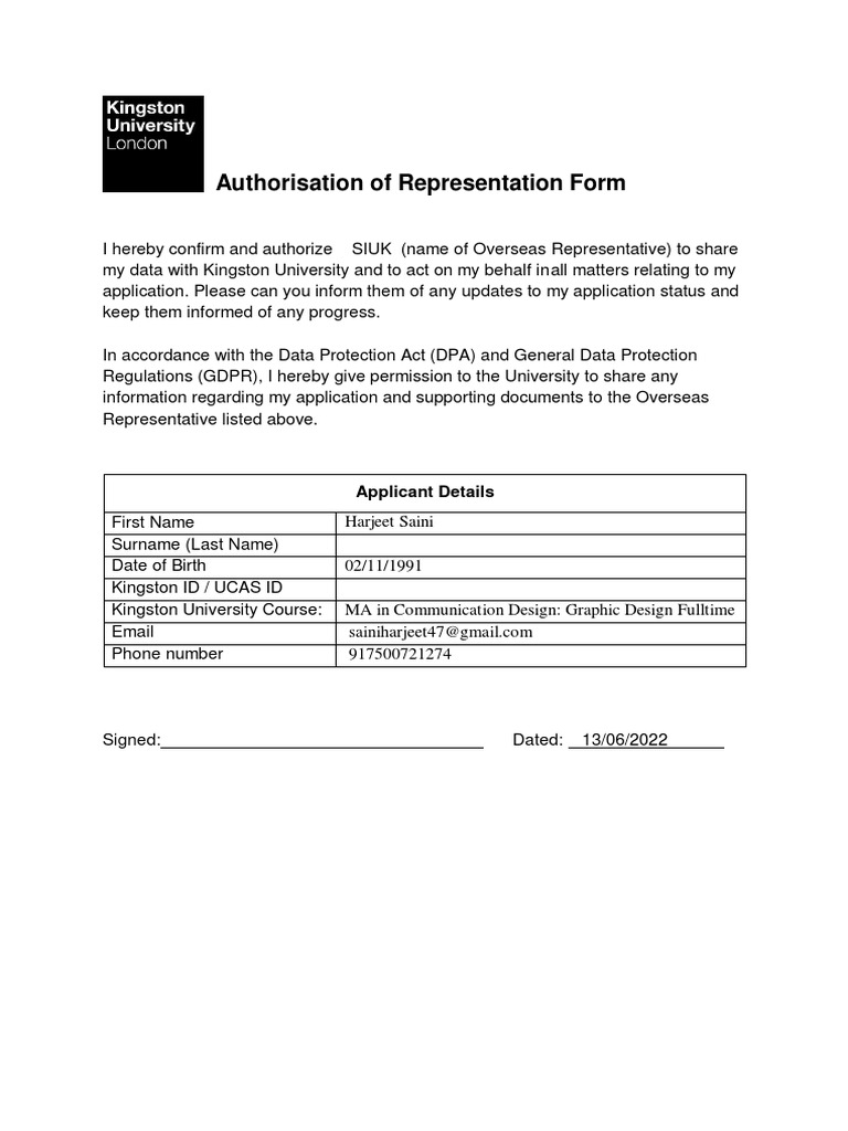 Authorisation of Representation Form: Applicant Details | PDF