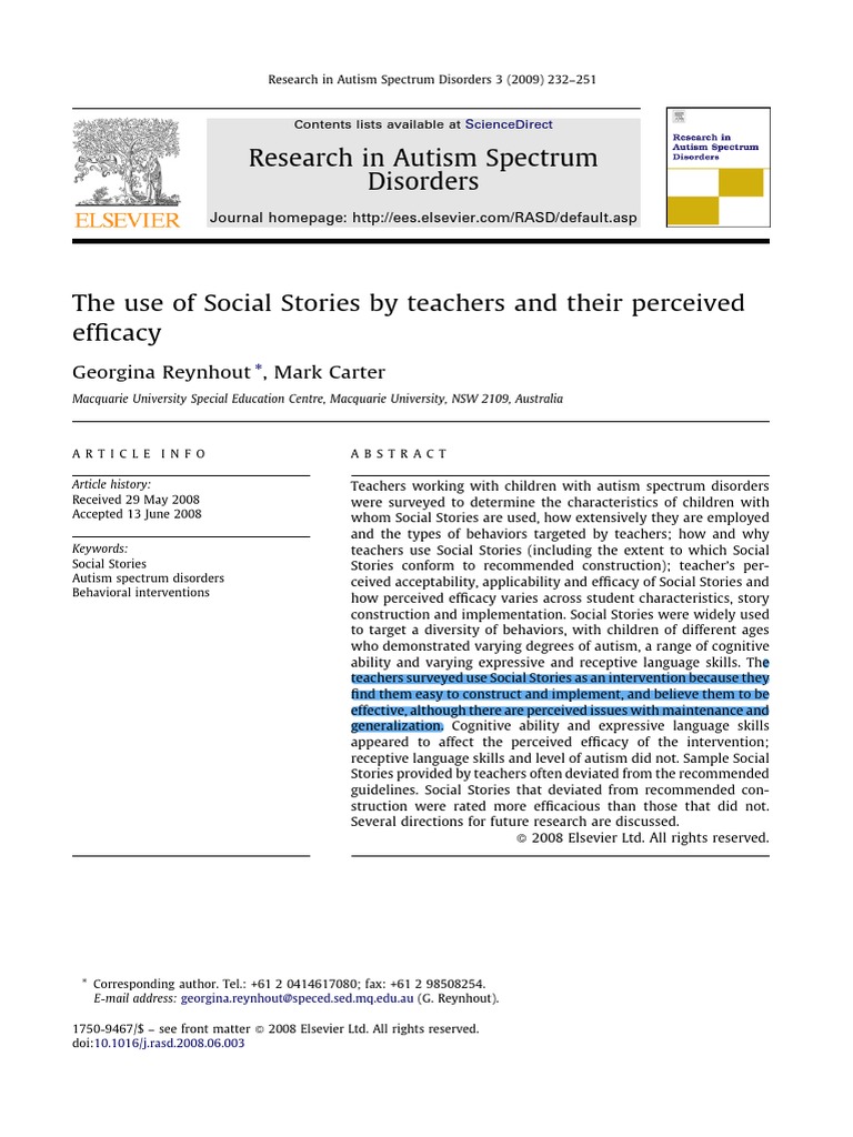 The Use of Social Stories by Teachers and Their Perceived Efficacy ...