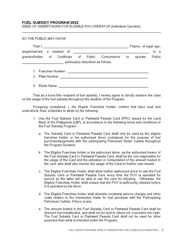 Fuel Subsidy Program: Deed of Undertaking For Eligible Puj Operators ...