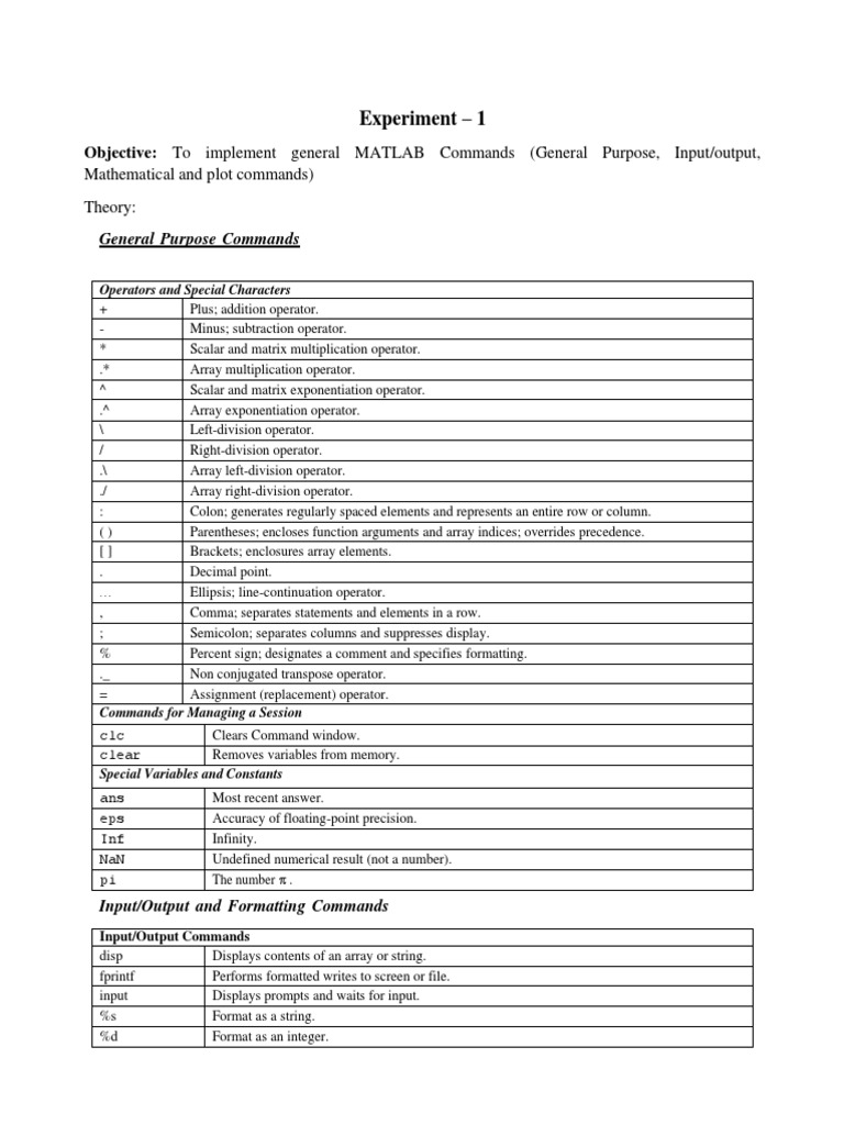 Experiment 1 Objective To Implement General Matlab Commands General Purpose Inputoutput