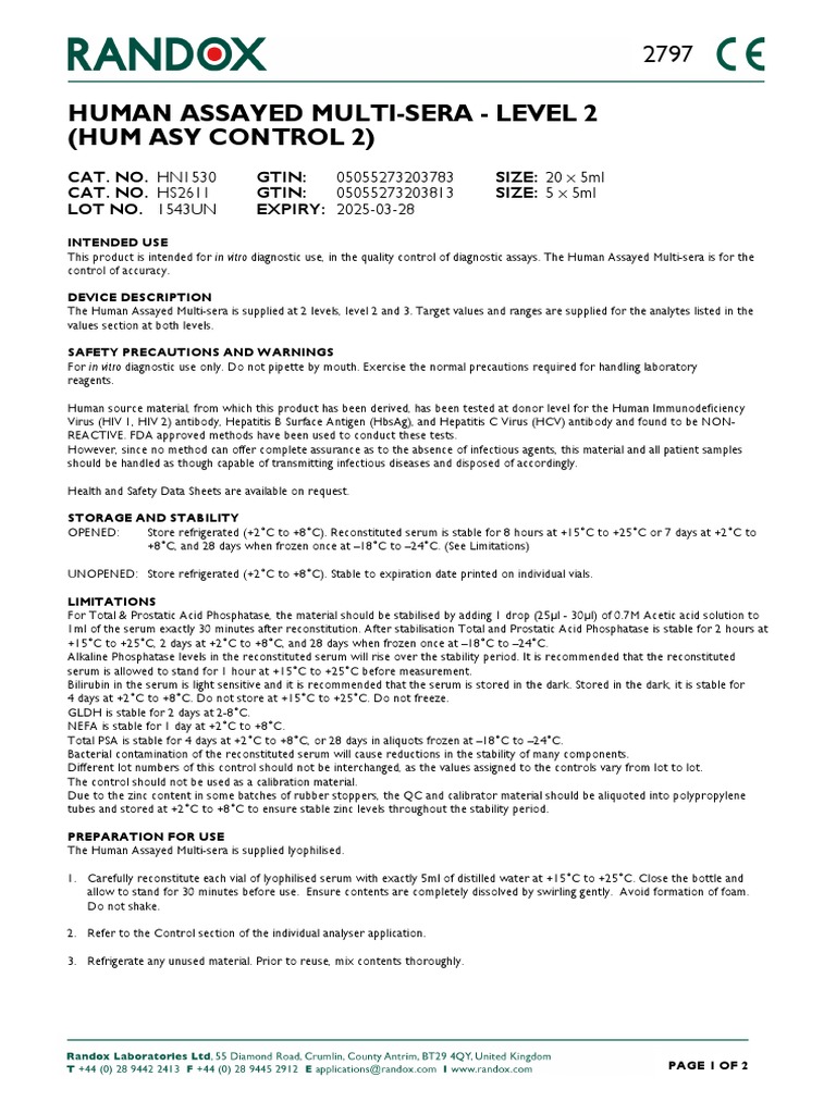 Randox 1543 Un Chemistry Level 2 | PDF | High Density Lipoprotein | Chemistry
