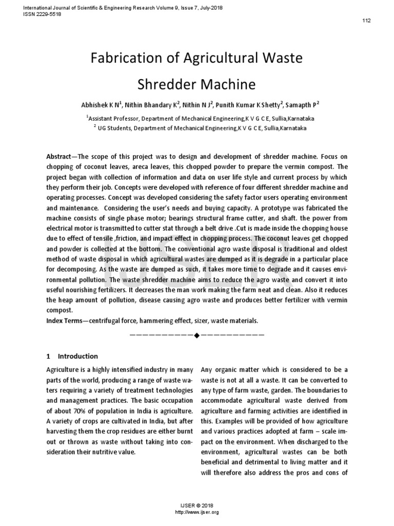Fabrication of Agricultural Waste Shredder Machine | PDF | Agriculture