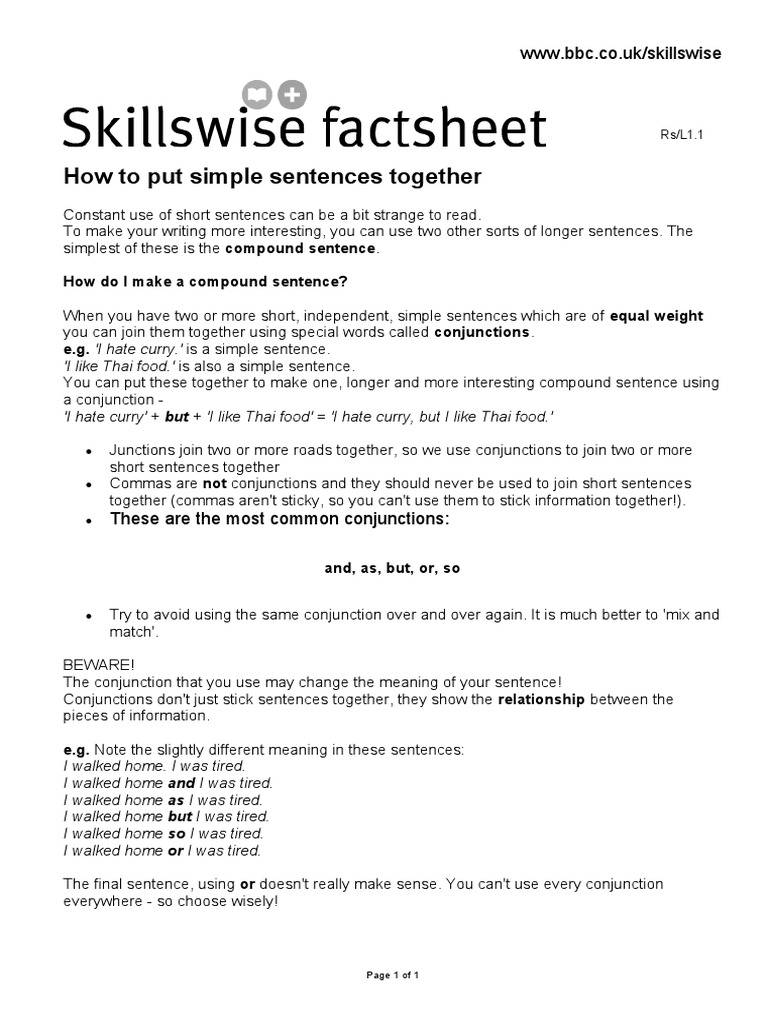 BBC Skillswise - Putting Sentences Together - Factsheet 1 - How To Put ...