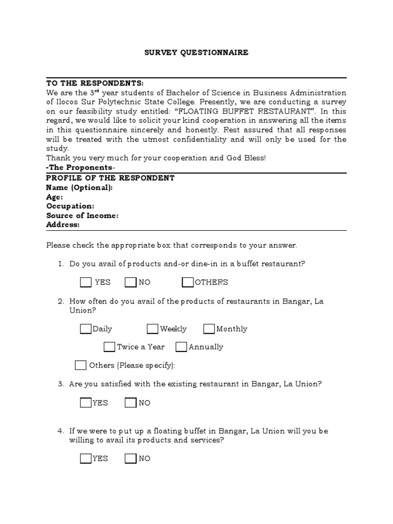 Restaurant Questionnaire | PDF | Cuisine | Foods