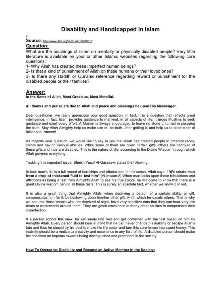 Disability and Handicapped in Islam | PDF | Wisdom | Allah