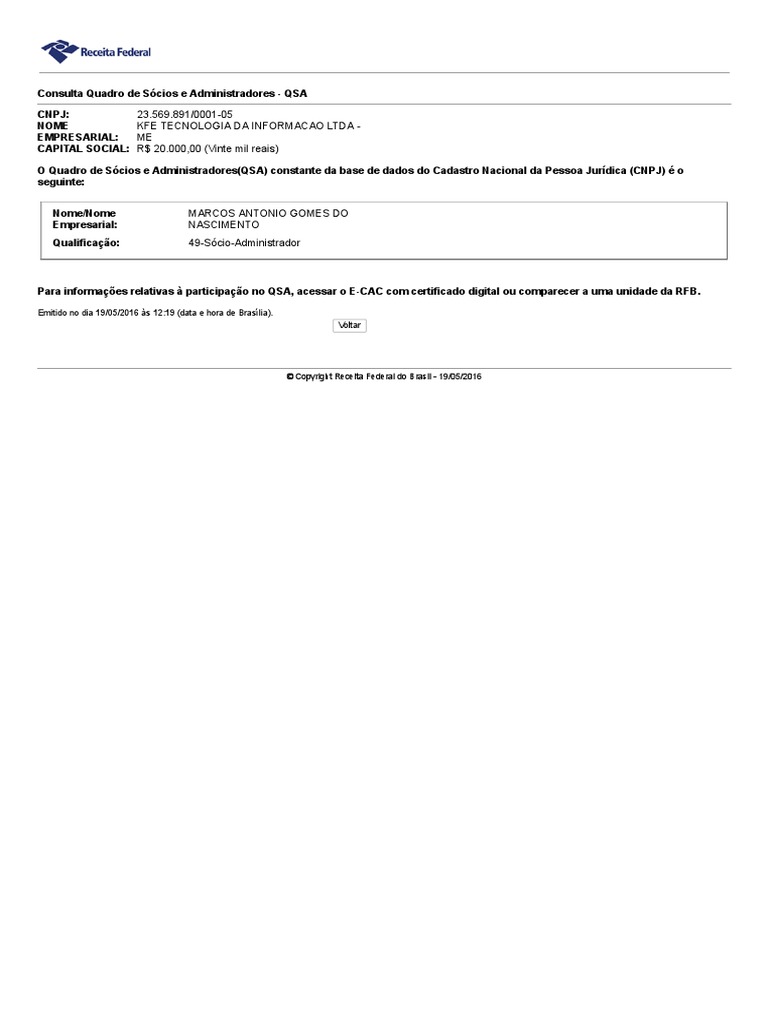 Consulta Quadro de Sócios e Administradores - QSA - Impressão | PDF