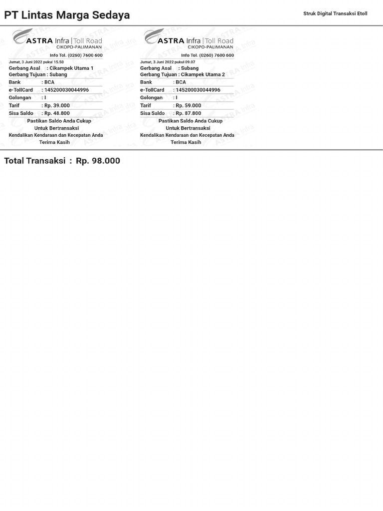 Struk Transaksi ASTRA Infra Toll Road - 2031111 | PDF