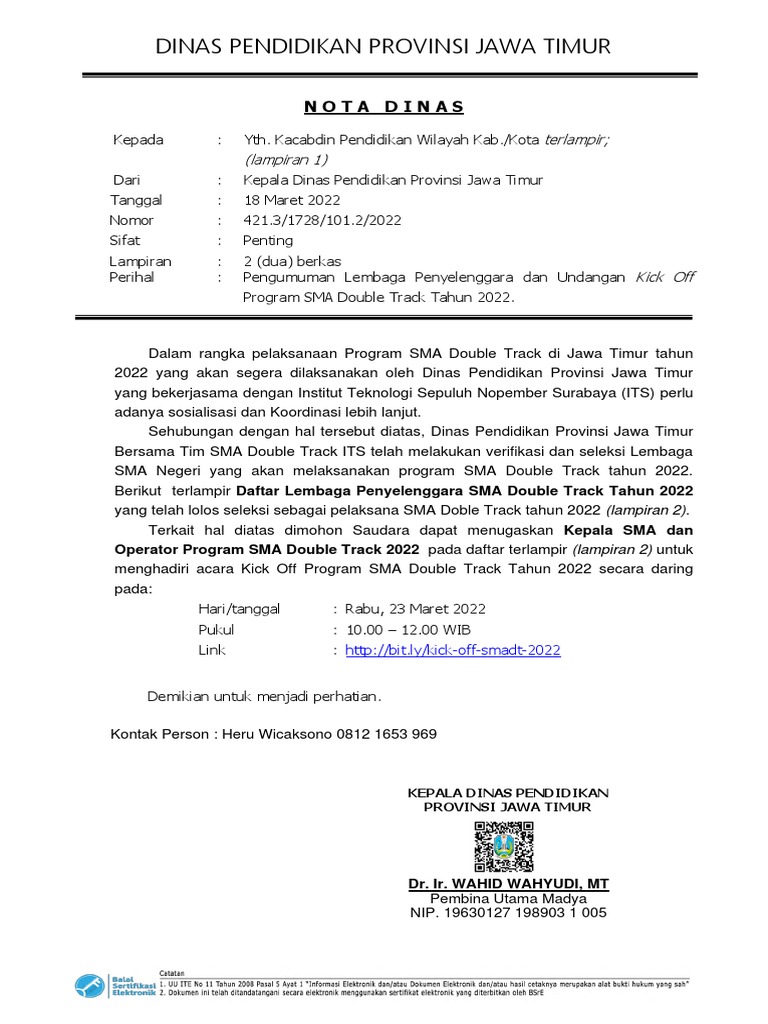 DRAFT Nota Dinas Daftar Lembaga Penyelenggara SMADT 2022 - Sign | PDF