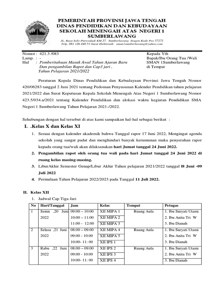 PEMBERITAHUAN Pengambilan Rapot Dan Cap 3 Jari 2021-2022. (Wali) | PDF
