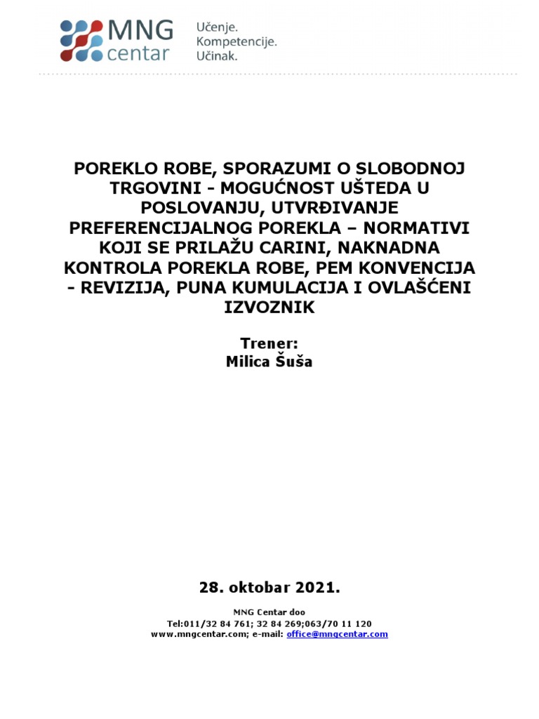 Poreklo Robe I PAN-evropski Sporazumi o Slobodnoj Trgovini - Milica ...