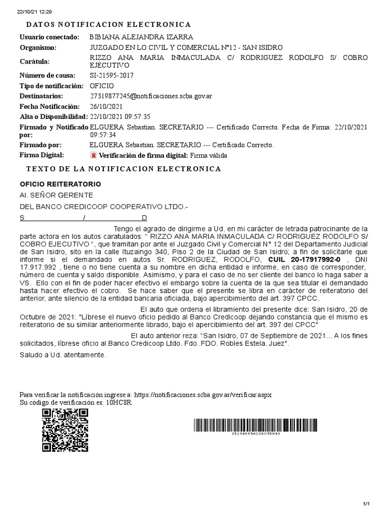 Oficio Reiteratorio Credicoop | PDF