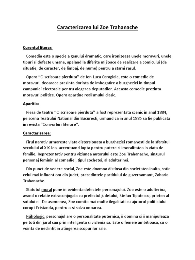 Caracterizare Zoe | PDF