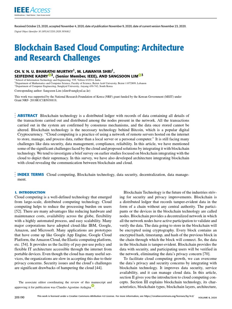 Blockchain Based Cloud Computing Architecture and Research Challenges ...