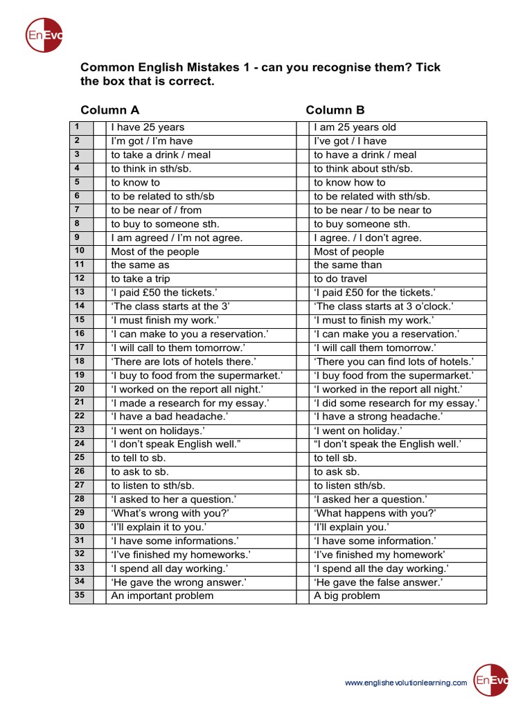 Common English Mistakes 1 - Can You Recognise Them? Tick The Box That ...