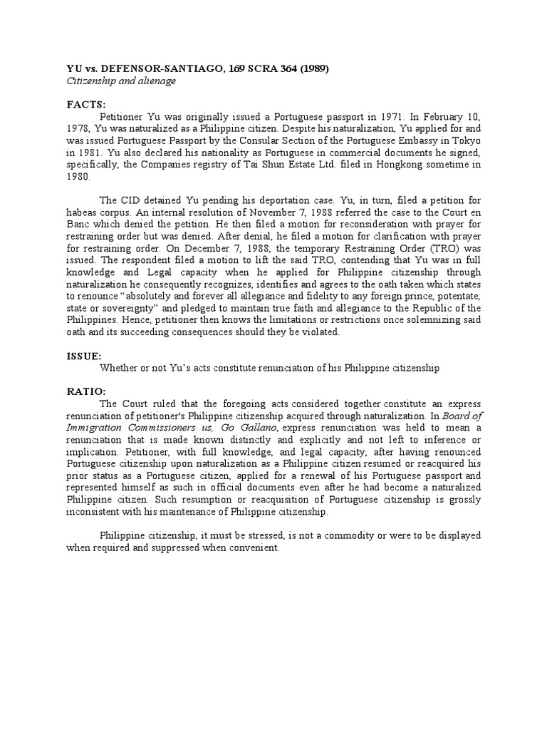 Yu's Citizenship Renunciation Case Analysis | PDF | Naturalization ...
