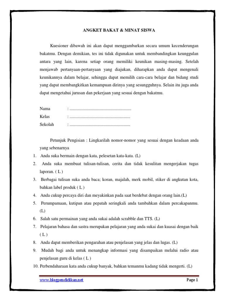 Contoh Format Kuesioner Angket Bakat Dan Minat Siswa | PDF
