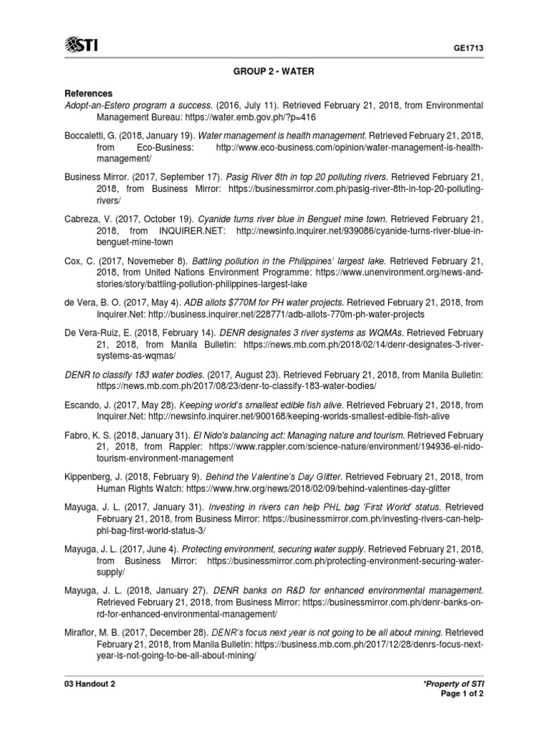 Group 2 - Water References: Property of STI | PDF | Natural Environment ...