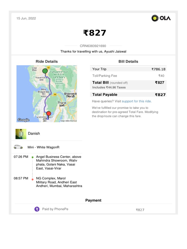 Ride Details Bill Details: Total Bill Total Payable 827 827 | PDF ...