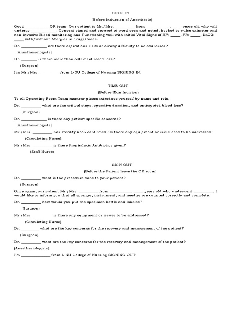 Surgical Sign In and Sign Out Protocol | PDF | Self-Improvement ...