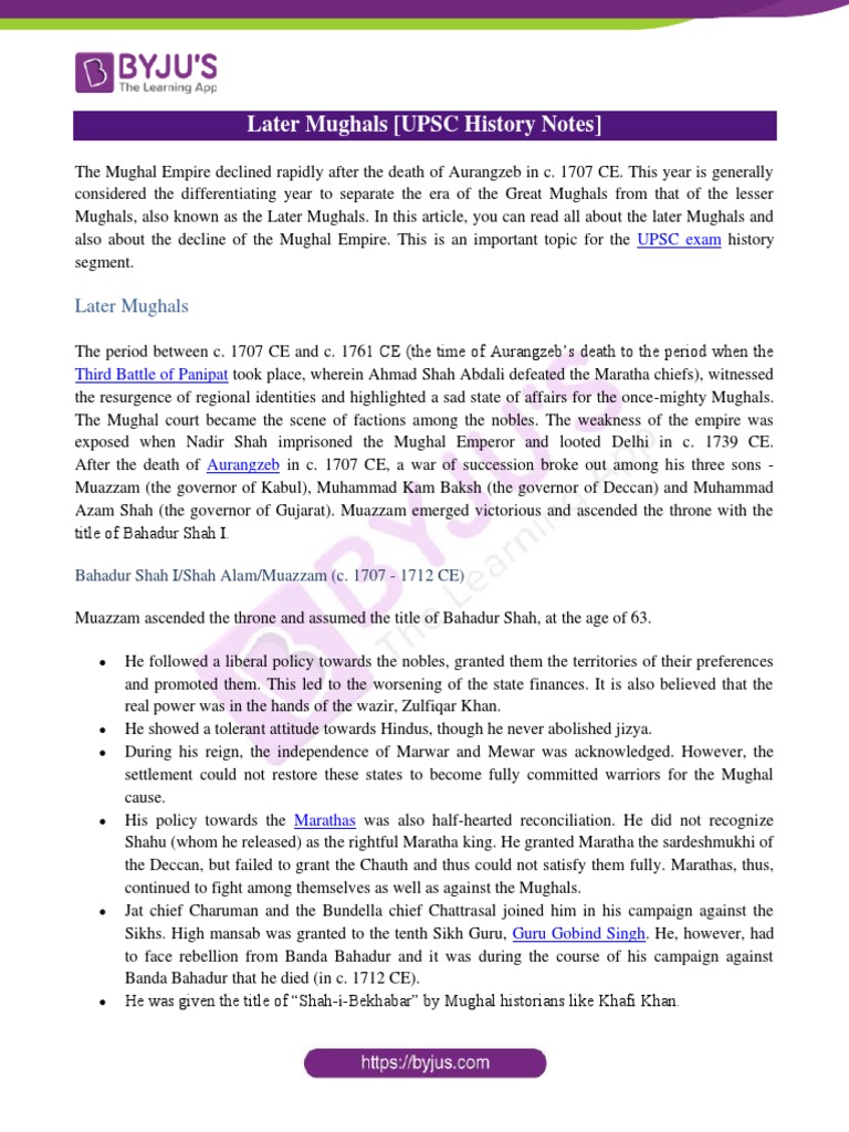 Later Mughals (UPSC History Notes) | PDF | Mughal Empire | Muslim Empires