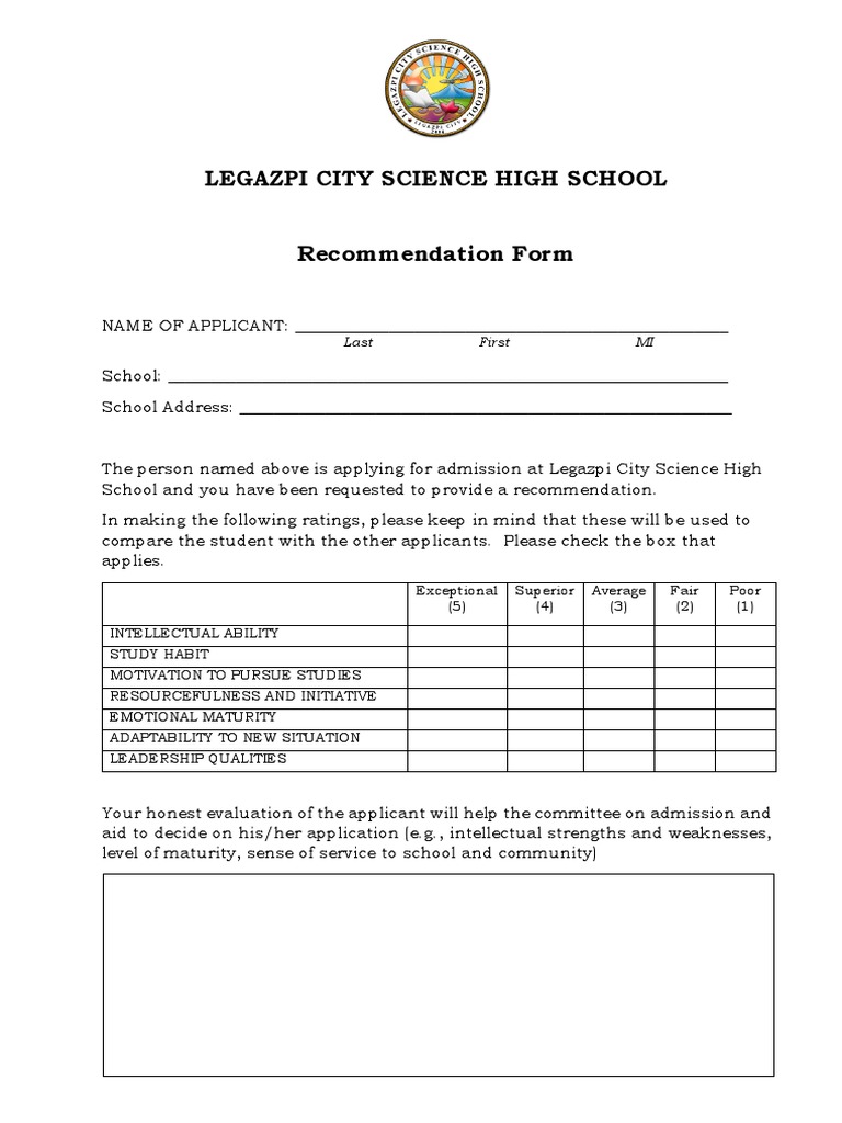 Legazpi City Science High School Recommendation Form: Last First Mi ...
