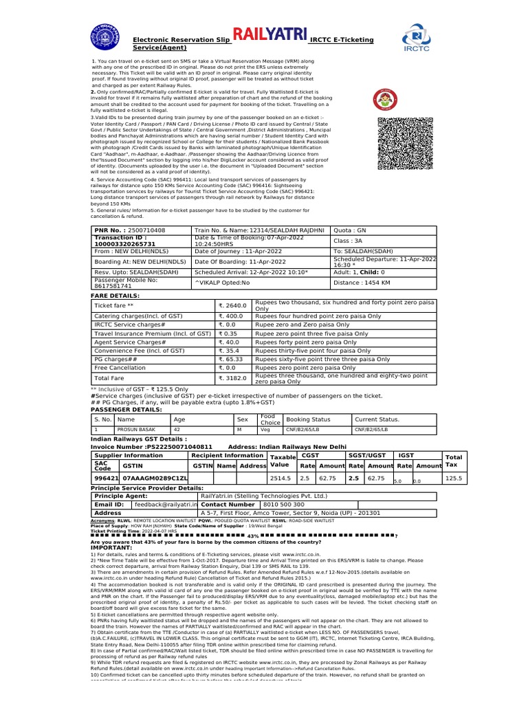 Electronic Reservation Slip IRCTC E-Ticketing Service (Agent) | PDF ...