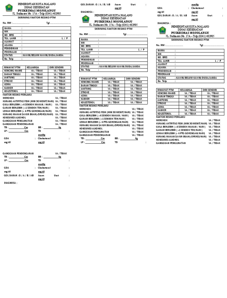 Form Skrining PTM - Puskesmas | PDF