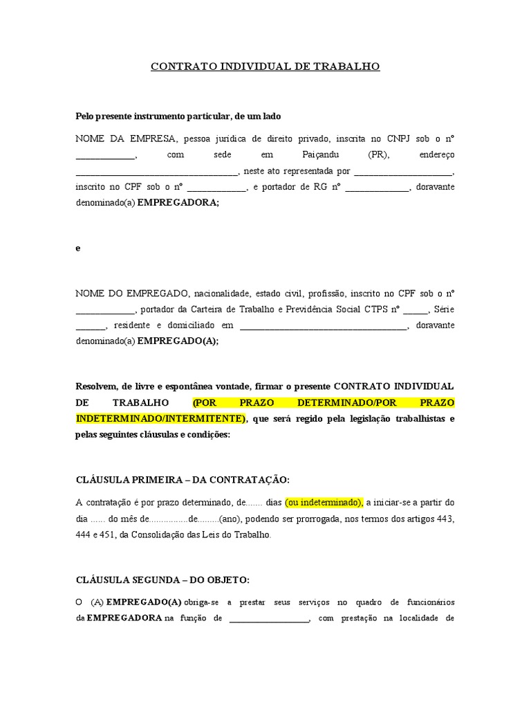 Contrato Individual de Trabalho | PDF | Salário | Expediente