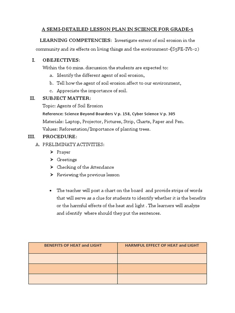 A Semi-Detailed Lesson Plan in Science For Grade-5 LEARNING ...