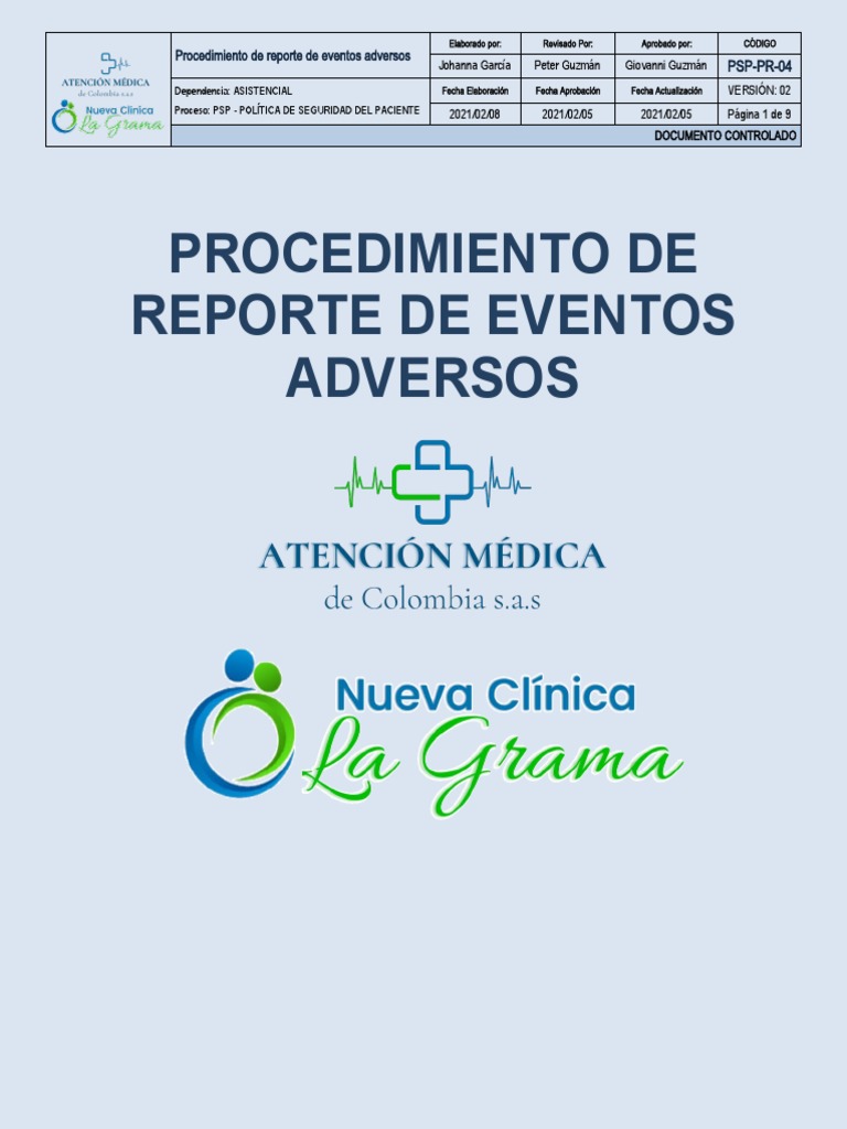 PSP-PR-04-02 Procedimiento de Reporte de Eventos Adversos | PDF | Seguridad del paciente ...