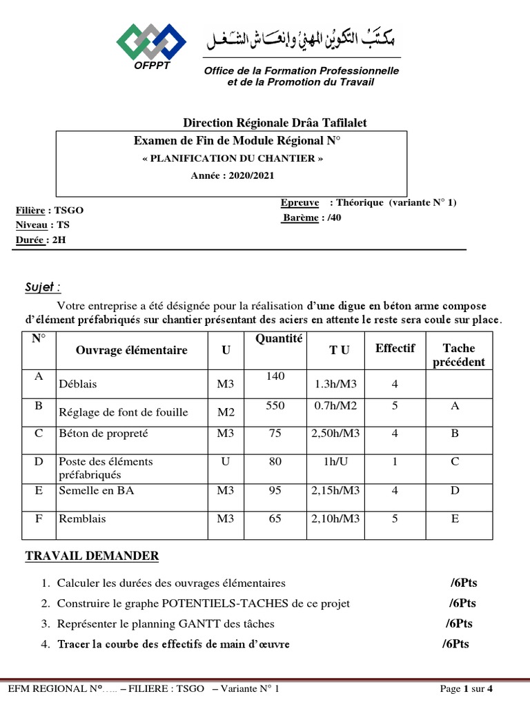 Efm Planification Du Chantier Tsgo 2021 | PDF | Immobilier | Ingénierie