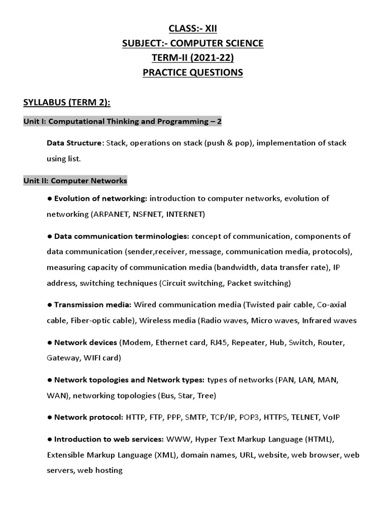 Computer Science Term - II Practice Questions | PDF | Computer Network ...
