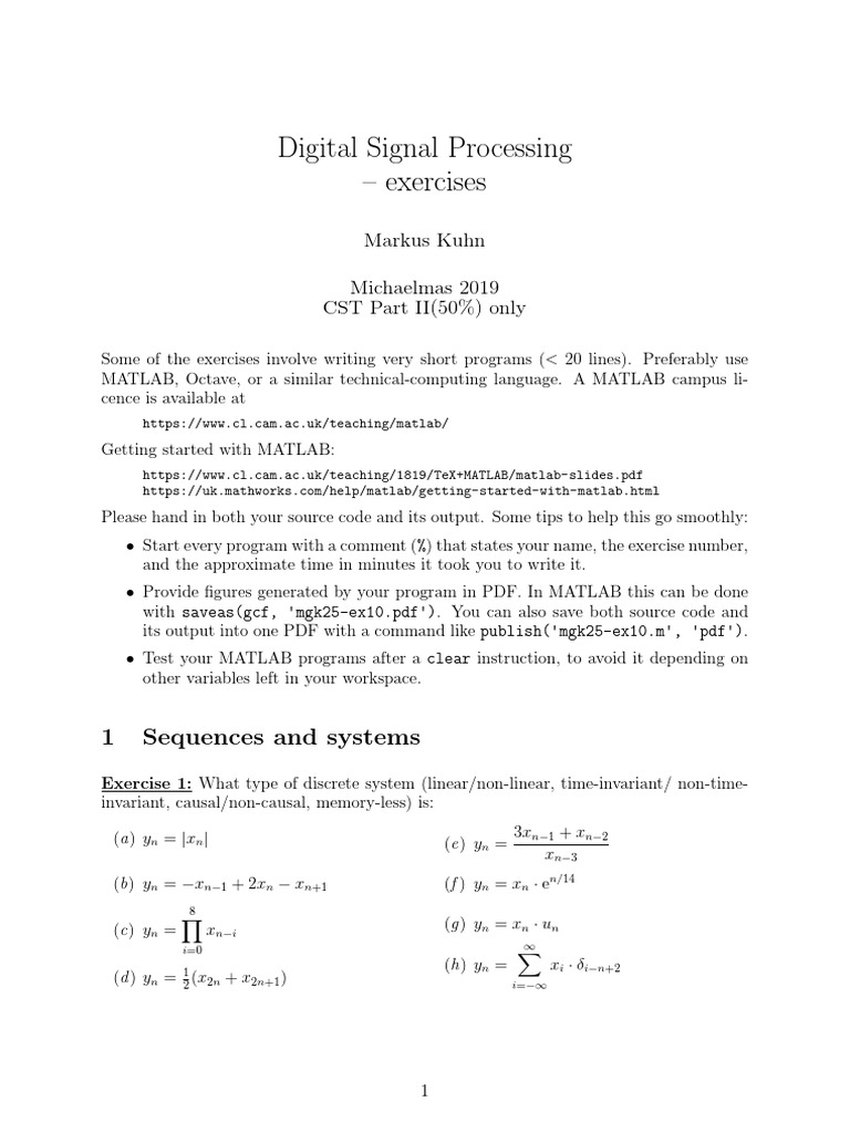 Digital Signal Processing - Exercises: 1 Sequences and Systems | Download Free PDF | Sampling ...