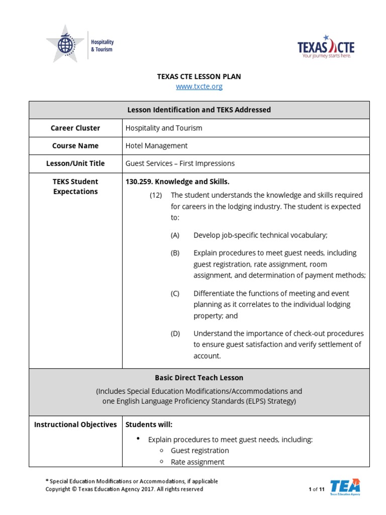 Lesson Plan - Guest Services - First Impressions - 0 | PDF ...