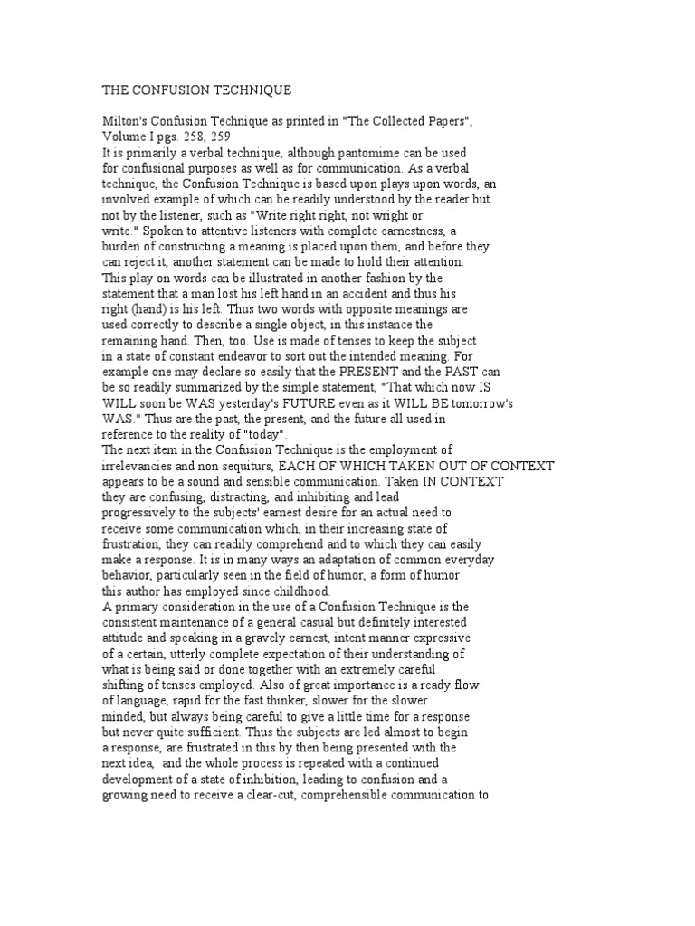 Milton Erickson - The Confusion Technique | PDF | Hypnosis | Cognitive ...