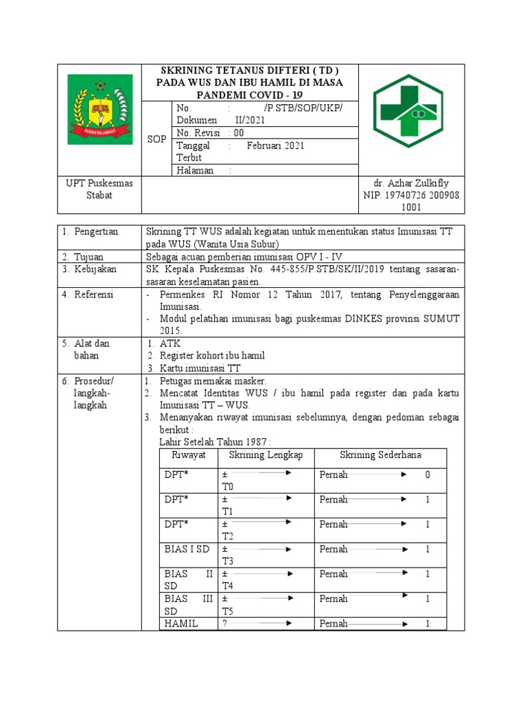 SOP SKRINING TETANUS DIFTERI Pada Wus | PDF