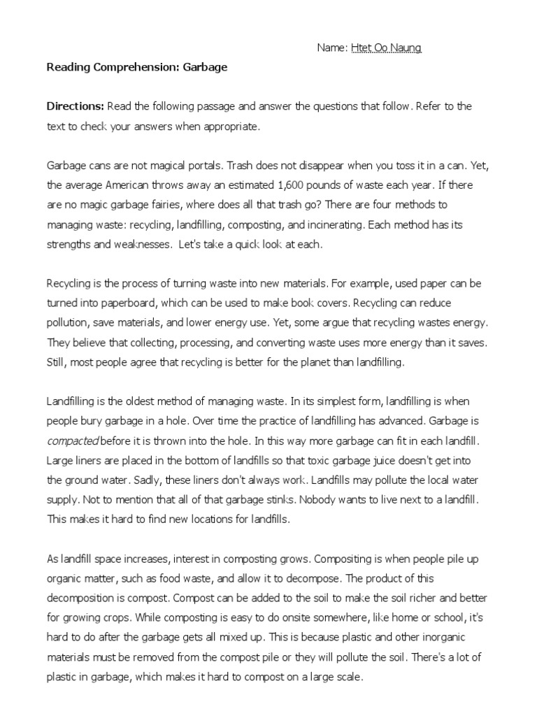 Garbage - Reading Comprehension & Summary 2022 Sem2 Practice | PDF ...