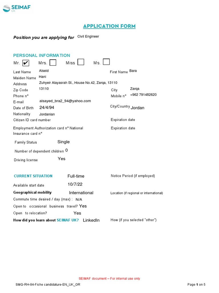 SEIMAF UK Application Form | PDF