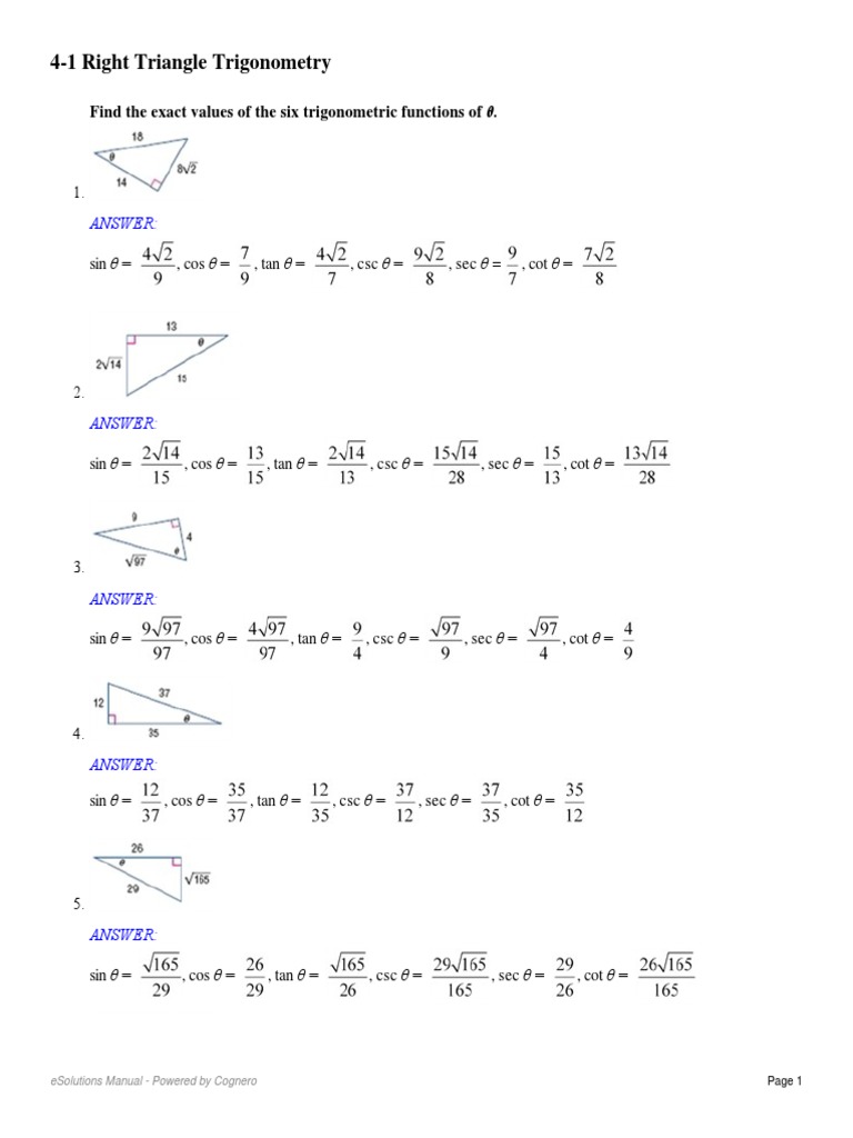 4 1 Right Triangle Trigonometry Esolutions Manual Powered By Cognero