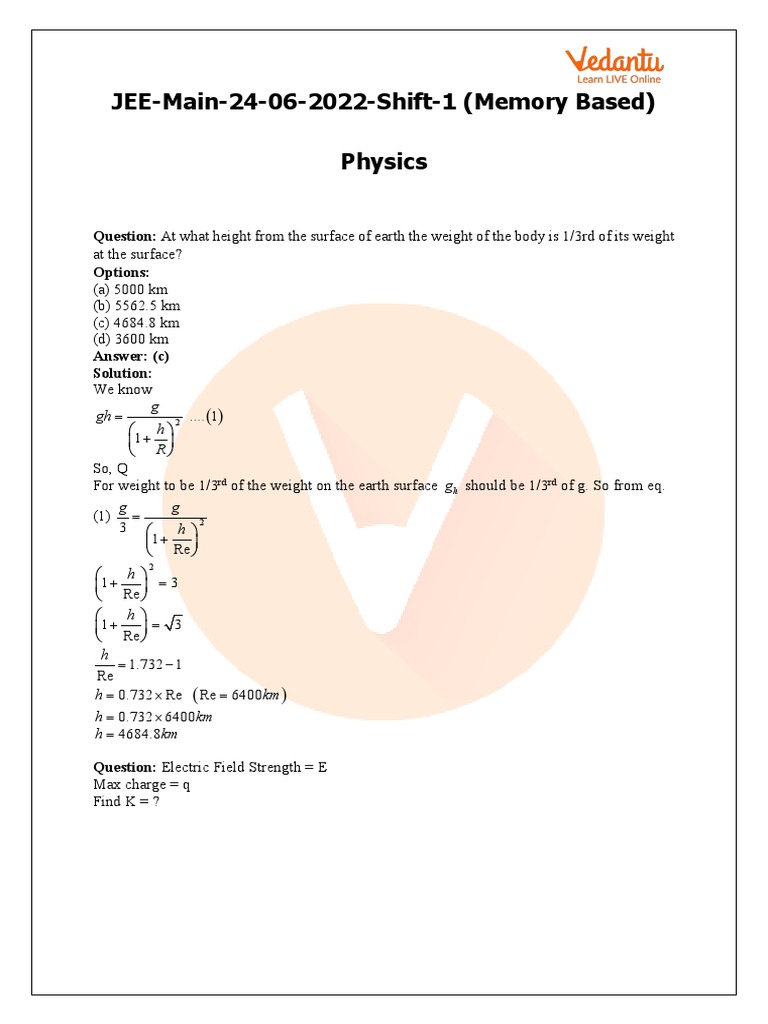 JEE Main 2022 (June 24 Morning Shift) Question Paper With Solutions ...