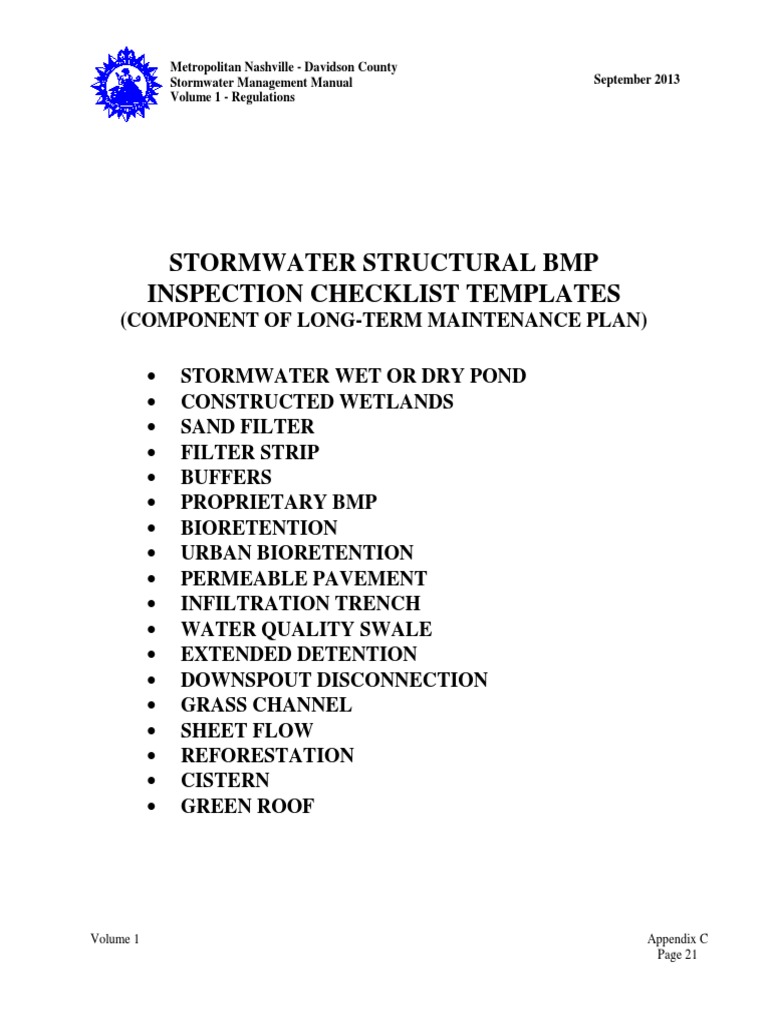 Nashville Stormwater Structural BMP Inspection Checklist | PDF ...