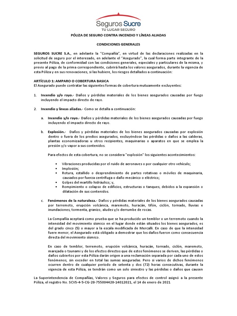 Condiciones Generales Seguro Contra Incendio y Líneas Aliadas | PDF | Póliza de seguros | Seguro