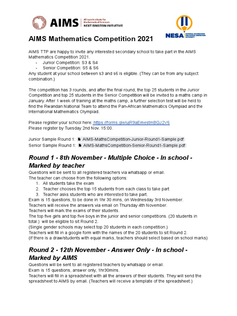 AIMS Mathematics Competition 2021 Details | PDF | Test (Assessment)