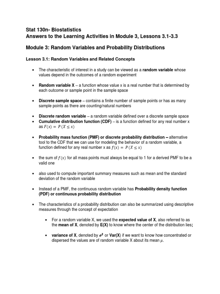 Stat 130n Answers To The LAs in Lessons 3.1-3.3 | PDF | Random Variable | Probability Distribution