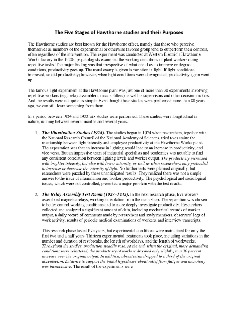 The Five Stages of Hawthorne Studies and Their Purposes | PDF ...