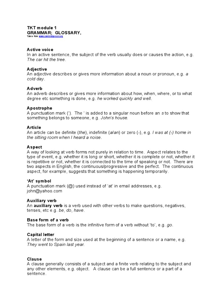 TKT Module 1 Grammar Glossary | PDF | Verb | Second Language