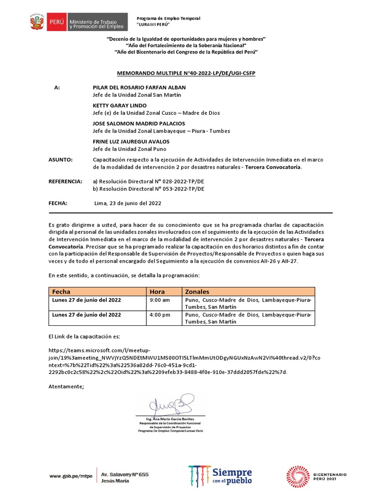Memo Mult N°40-2022 Capacitacion El Lunes 27 de Junio | PDF | Perú | Gobierno