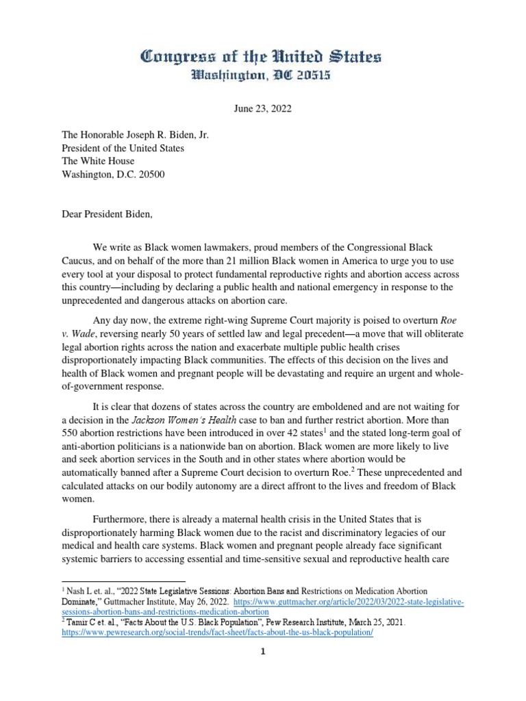 2022.06.23 Women of The CBC Letter On Roe President Biden VF - 0 | PDF ...