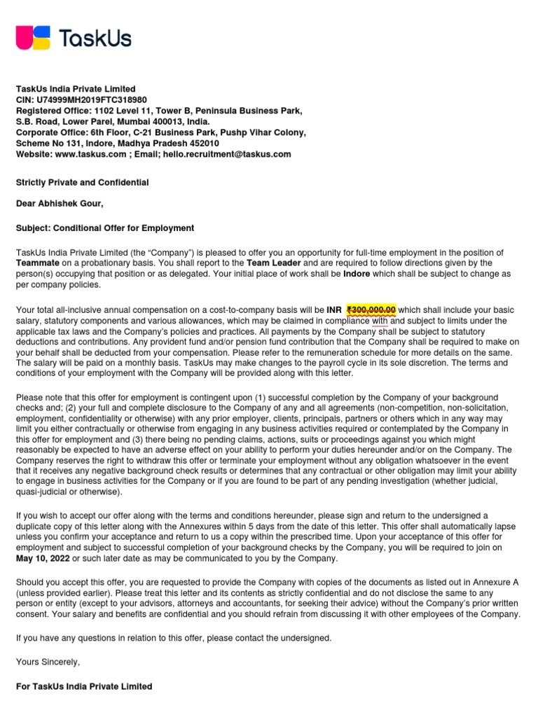 Offer Letter Taskus | PDF | Employment | Intellectual Property